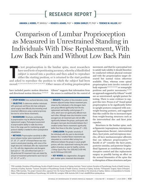Pdf Comparison Of Lumbar Proprioception As Measured In Unrestrained