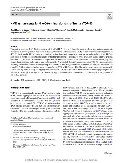 Nmr Assignments For The C Terminal Domain Of Human Tdp 43 Request Pdf