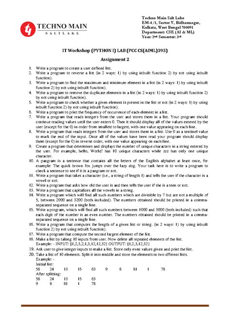 Assigntment 2 Python Lab Techno Main Salt Lake Em 41 Sector V Bidhannagar Kolkata West