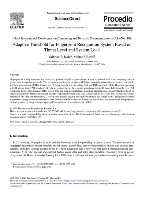 Pdf Adaptive Threshold For Fingerprint Recognition System Based On Threat Level And System Load