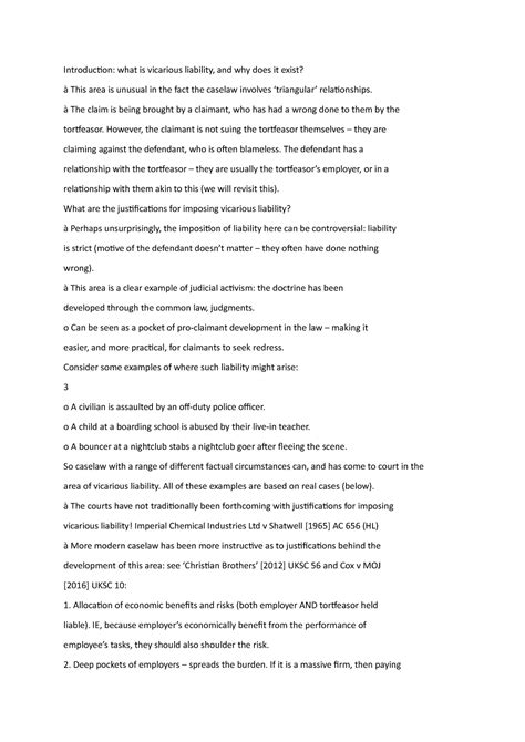 Introduction to TORT Introduction what is vicarious liability and why does it exist à This