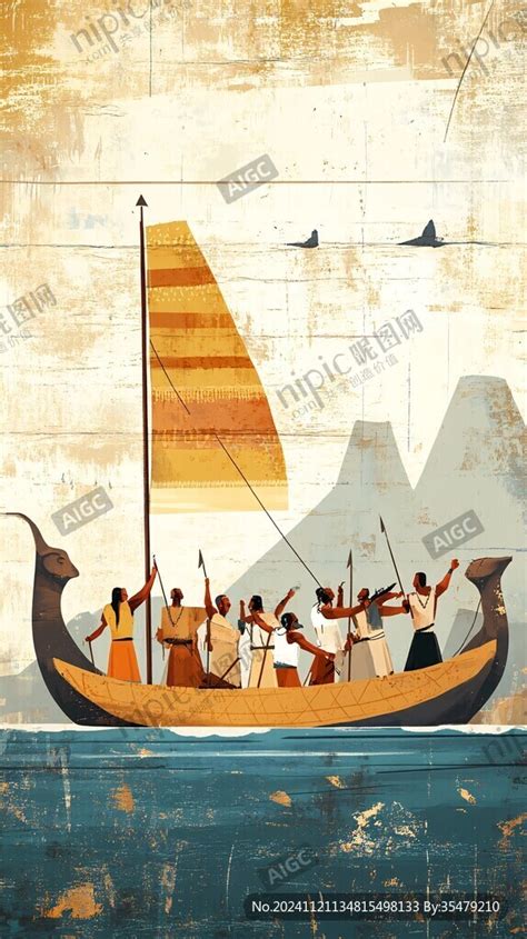 Ai创作图人物船插画 划船海报 古代船只剖面 划船的将士 早期航海家 海船插画 海盗船插画 古代船夫 古代船队 古人造船 渔船包装插画 古人
