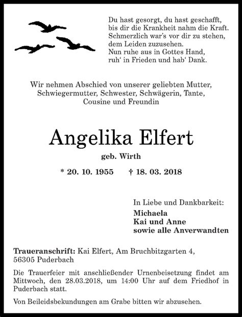 Traueranzeigen Von Angelika Elfert Rz Trauerde