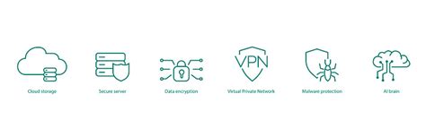 클라우드 스토리지 보안 서버 데이터 암호화 Vpn 시스템 보호 맬웨어 보호 및 Ai 브레인을 위한 포괄적인 벡터 아이콘 Vpn에 대한 스톡 벡터 아트 및 기타 이미지