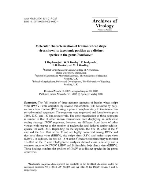 Molecular Characterization Of Iranian Wheat Stripe Virus Shows Its