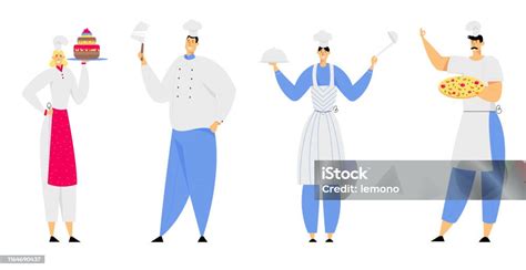 레스토랑 직원 캐릭터 유니폼 시연 메뉴 카페 피자 가게 베이커리 가게 환대 젊은 남자와 여자 요리사 토크와 앞치마 홀딩 피자 케이크 만화 플랫 벡터 일러스트 남자에 대한