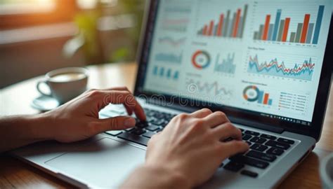 Hands Type On Laptop Keyboard With Diagrams Charts Graphs Data