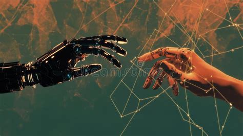 Human And Robotic Hand Interaction Over Urban Skyline Stock Image Image Of Technology