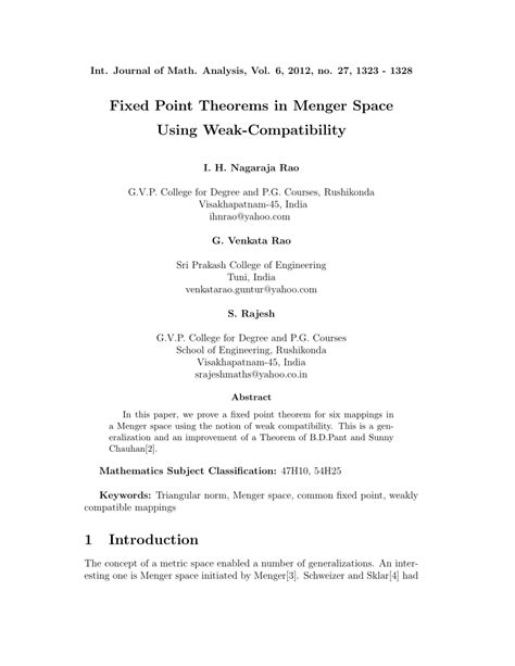 Pdf Fixed Point Theorems In Menger Space Using Weak Compatibility
