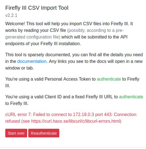firefly iii csv import tool failed to connect to 172 18 0 3 port 443