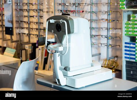 Closeup Of Modern Auto Refractometer In Optical Store Technologies In Eye Diagnostic Medicine