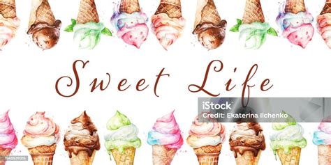 밝고 화려한 아이스크림 콘입니다 여름 과자 흰색 배경에 수채화 원활한 벡터 패턴입니다 텍스트에 대한 프레임입니다 Topping Out Ceremony에 대한 스톡 벡터 아트