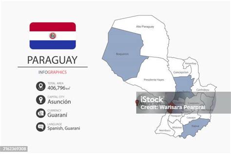 파라과이지도 인포 그래픽 요소 와 도시 국기 제목과 분리하면 총 면적 통화 언어 및이 나라의 수도가 있습니다 개념에 대한 스톡