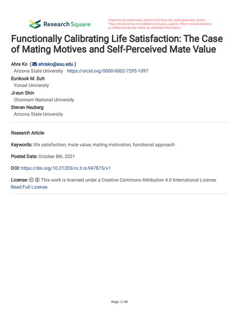 Pdf Functionally Calibrating Life Satisfaction The Case Of Mating Motives And Self Perceived