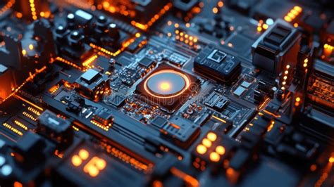 Futuristic Glowing Cpu Performing Complex Calculations On Motherboard Stock Illustration