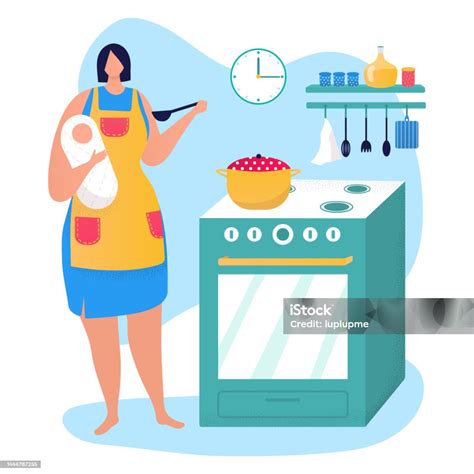 젊은 여성 어머니 캐릭터는 갓 태어난 아이를 안고 있고 부모 엄마는 흰색으로 격리된 부엌 평면 벡터 삽화에서 음식을 요리합니다