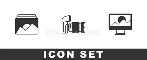 Set Photo Frame Camera And Retouching Icon Vector Stock Illustration