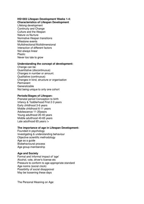 Lifespan Development For Health A Lecture Notes Lectures Week 1 4 Hs1003 Lifespan Development