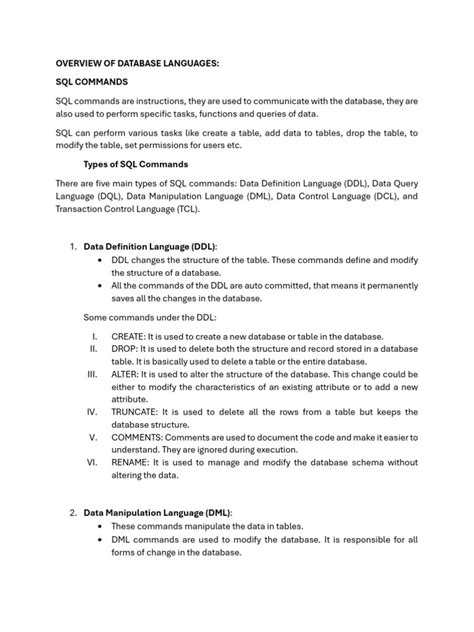 Overview Of Database Languages Pdf Database Index Sql