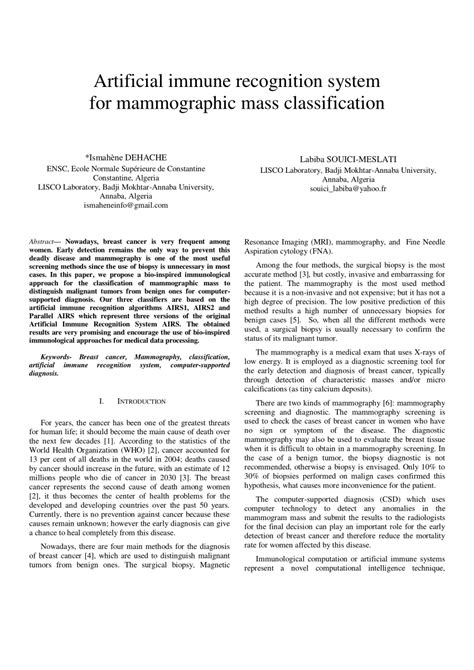 Pdf Artificial Immune Recognition System For Mammographic Mass Classification