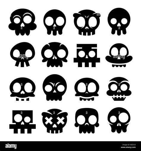 Halloween Vector Cartoon Skull Icons Mexican Cute Black Sugar Skulls