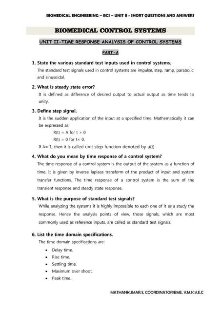 Biomedical Control Systems Time Response Analysis Short Questions And Answers Pdf