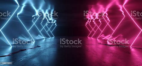 공상 과학 미래 네온 레이저 전기 사이버 빛나는 보라색 파란색 조명 무대 차고 격납고 복도 복도 터널 시멘트 콘크리트 그런지 지하 클럽 3d 렌더링 0명에 대한 스톡 사진