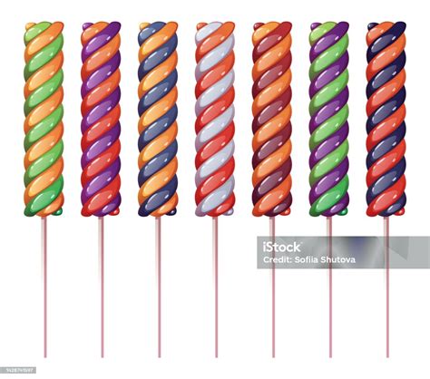 할로윈 줄무늬 패턴의 달콤한 롤리팝 나무 막대기에 단단한 설탕 사탕을 꼬습니다 흰색 배경에 고립 된 꼬인 롤리팝 세트 개체 그룹에 대한 스톡 벡터 아트 및 기타 이미지