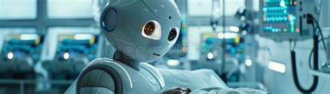 Lifelike Android Robot Nurse Caring For A Patient In A Hospital Room Detailed Medical Equipment