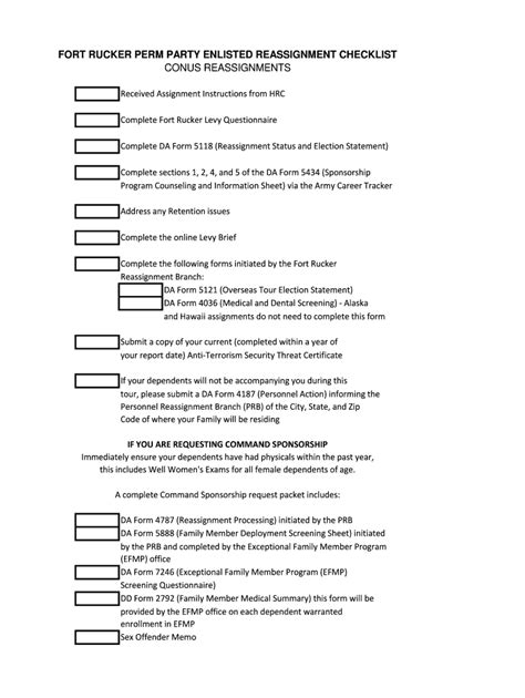 Fillable Online Fort Rucker Perm Party Enlisted Reassignment Checklist