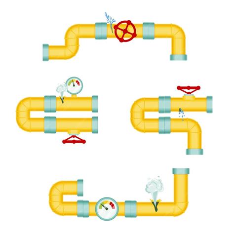파이프라인의 증기 누출 또는 납 가스 파열로 파손된 파이프 물 공급이 끊어진 파이프에 떨어지는 수도꼭지 문제 흰색 배경에 격리된 바람 그림 프리미엄 벡터
