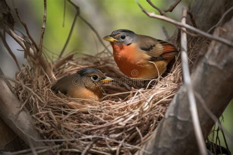 Pair Of Robins Building Their Nest In The Springtime Stock Illustration