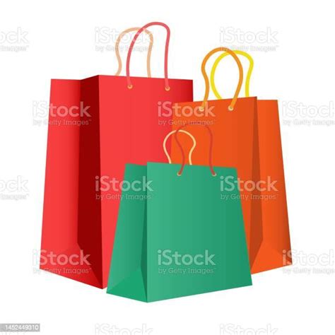 오렌지 빨강 및 녹색 세 종이 쇼핑백의 고립 된 벡터 일러스트 레이 션 소매 프로모션 플래시 판매 할인 제품의 아이콘에 대 한 3차원 형태에 대한 스톡 벡터 아트 및 기타