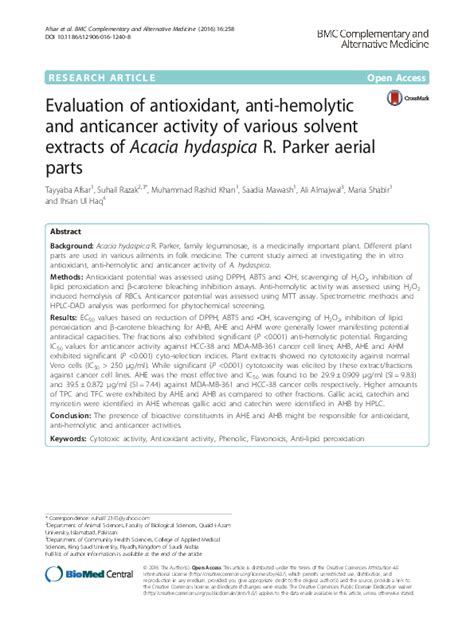 Pdf Evaluation Of Phenolic Contents And Antioxidant Activity Of Various Solvent Extracts Of