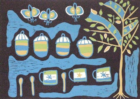 Tea Set Under Xam Tsa Tree 2015 Reduction Linocut Kuru Art Project