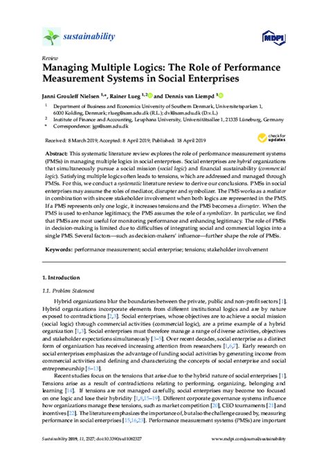 Pdf Managing Multiple Logics The Role Of Performance Measurement Systems In Social Enterprises