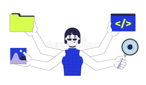 Multitasking Woman Programmer 2d Cartoon Character Stock Illustration