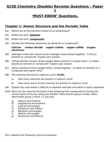 Gcse Chemistry Revision Topic 1 Atomic Structure And The Periodic Table Questions And Answers