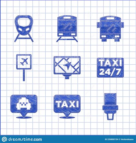 Set Gps Device With Map Location Taxi Safety Belt Airport Bus And High Speed Train Icon