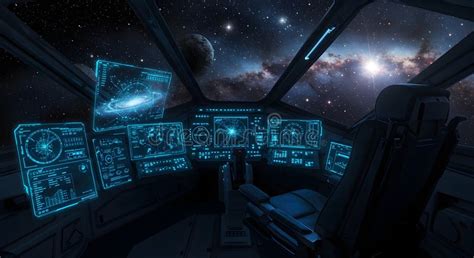 Futuristic Spaceship Cockpit With Holographic Displays And Starry