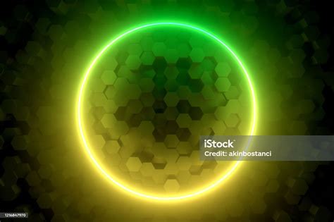 자외선 네온 조명 빈 프레임 육각 형 패턴 배경에 빛나는 터널 문 3d 추상적 인 배경 원형에 대한 스톡 사진 및 기타 이미지 Istock