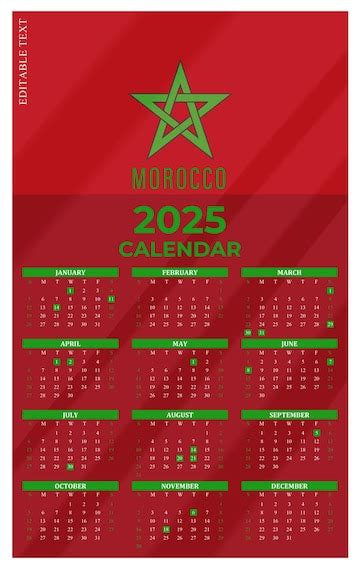 Flag Inspired 2025 Morocco Calendar With National Holidays Editable And
