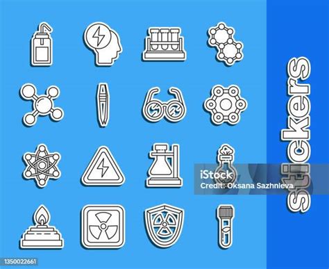 세트 라인 테스트 튜브 및 플라스크 화학 화학 공식 핀셋 분자 실험실 세척 병 및 안경 아이콘 벡터 가열장치에 대한 스톡 벡터