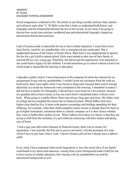 Soci Ology Assignment 19036079 Bt Teleka Sociology Tutotial Assignment Social Imagination Is