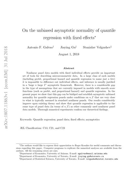 On The Unbiased Asymptotic Normality Of Quantile Regression With Fixed Effects Deepai