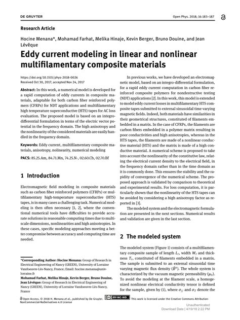 PDF Eddy Current Modeling In Linear And Nonlinear Multifilamentary Composite Materials