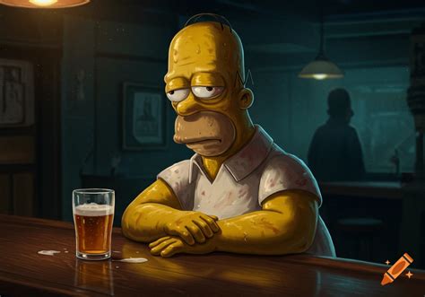Homer Simpson Sits At A Dark Bar With A Glass Of Beer Looking Sad In A