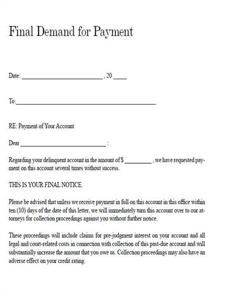 A Printable Payment Form With The Words Final Demand For Payment