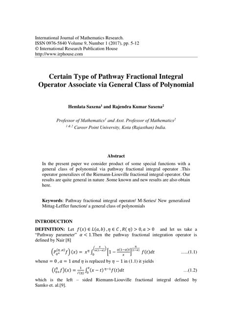Pdf Certain Type Of Pathway Fractional Integral Operator Associate Via General Class Of Polynomial