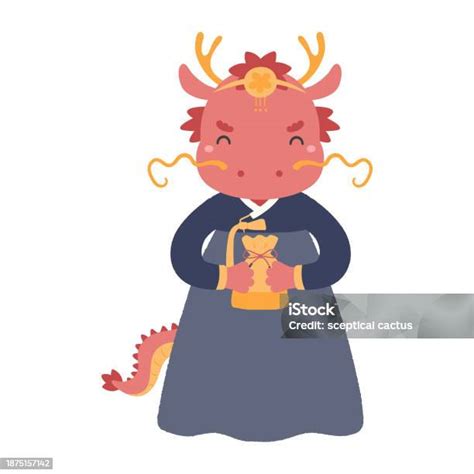 한복에 있는 귀여운 용 소녀 한국 전통 선물 캐릭터 일러스트를 들고 0명에 대한 스톡 벡터 아트 및 기타 이미지 0명 2024년 가공의 인물 Istock
